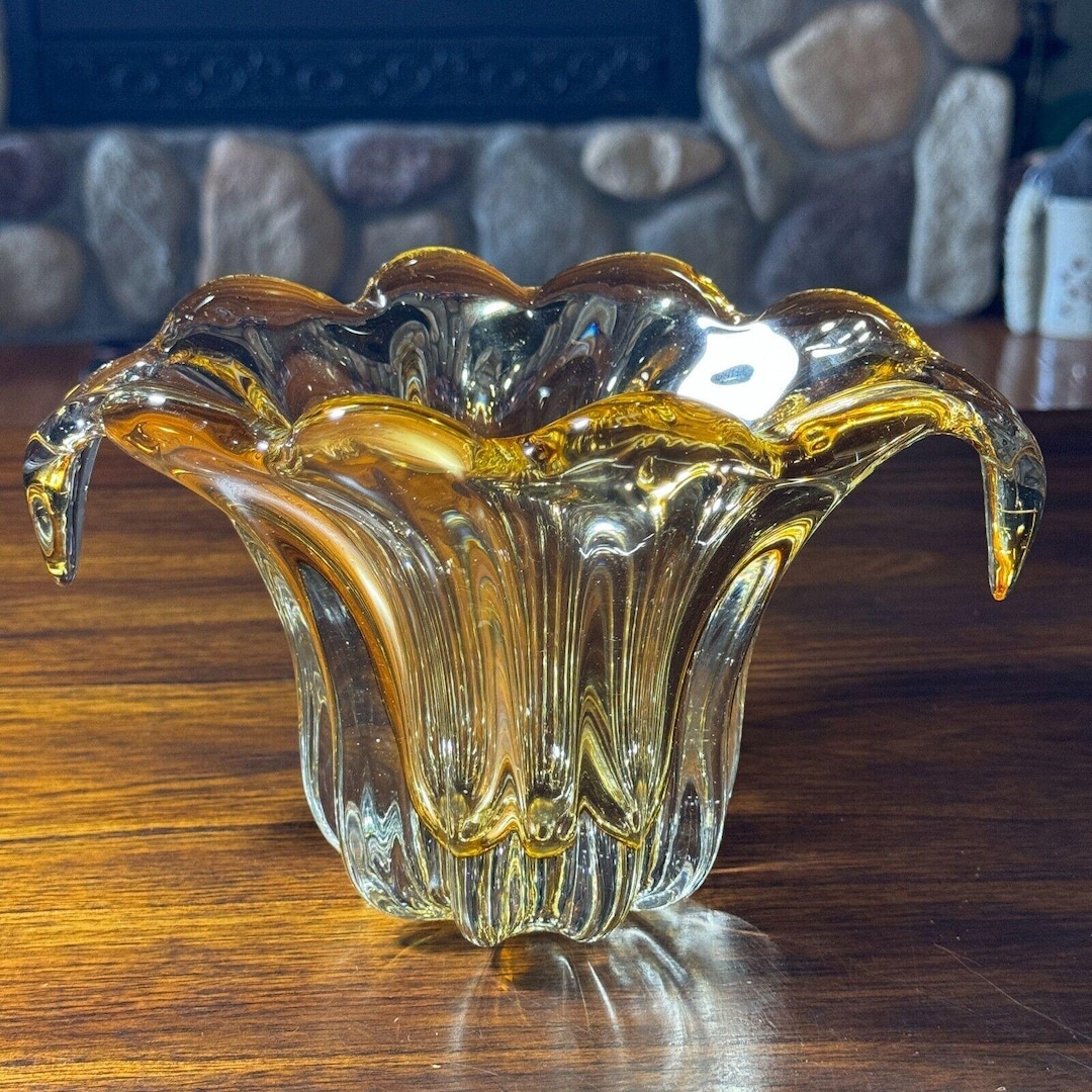 Vintage Murano Blown Glass Waterfall Vase Yellow Amber Mid Century ...