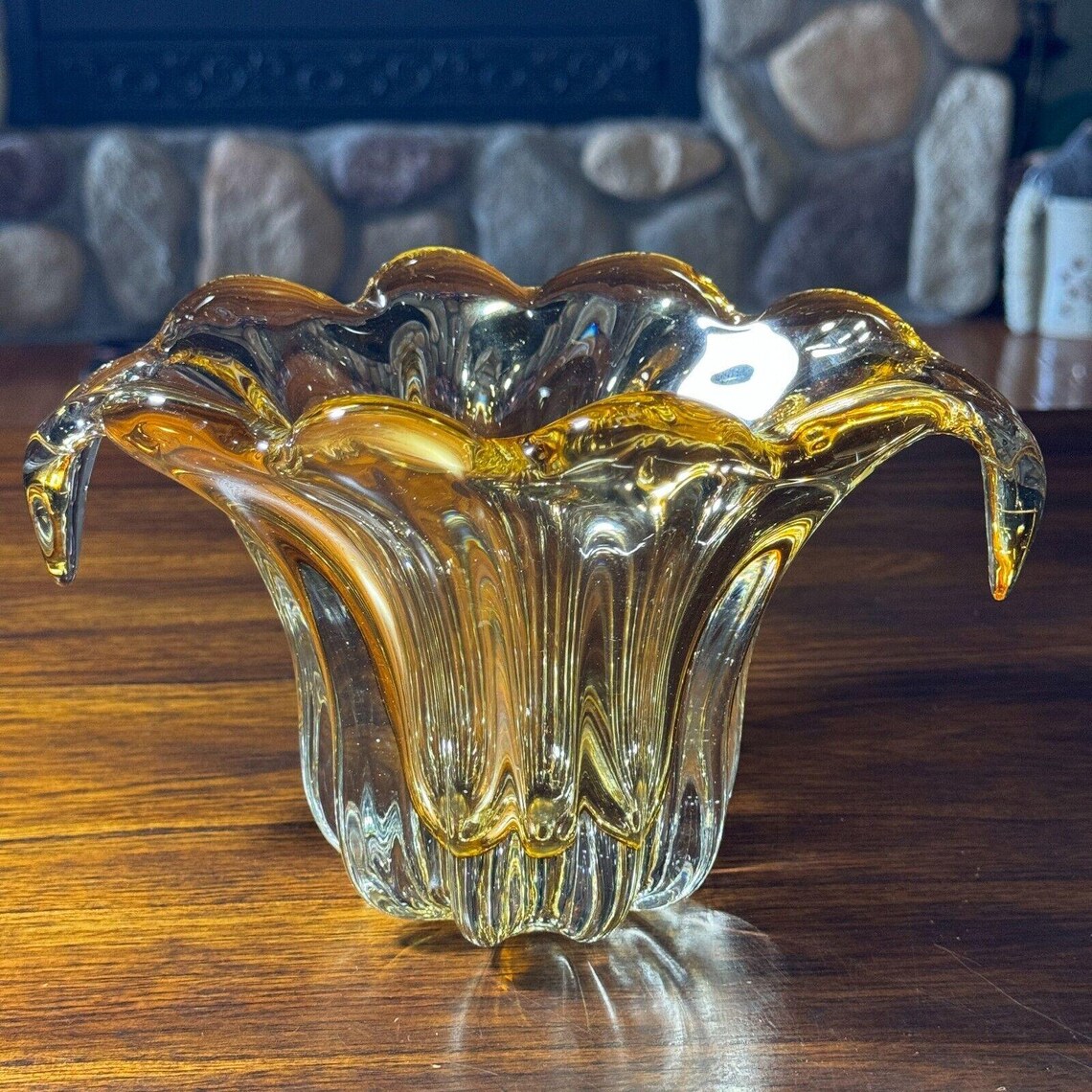 Vintage Murano Blown Glass Waterfall Vase Yellow Amber Mid Century ...