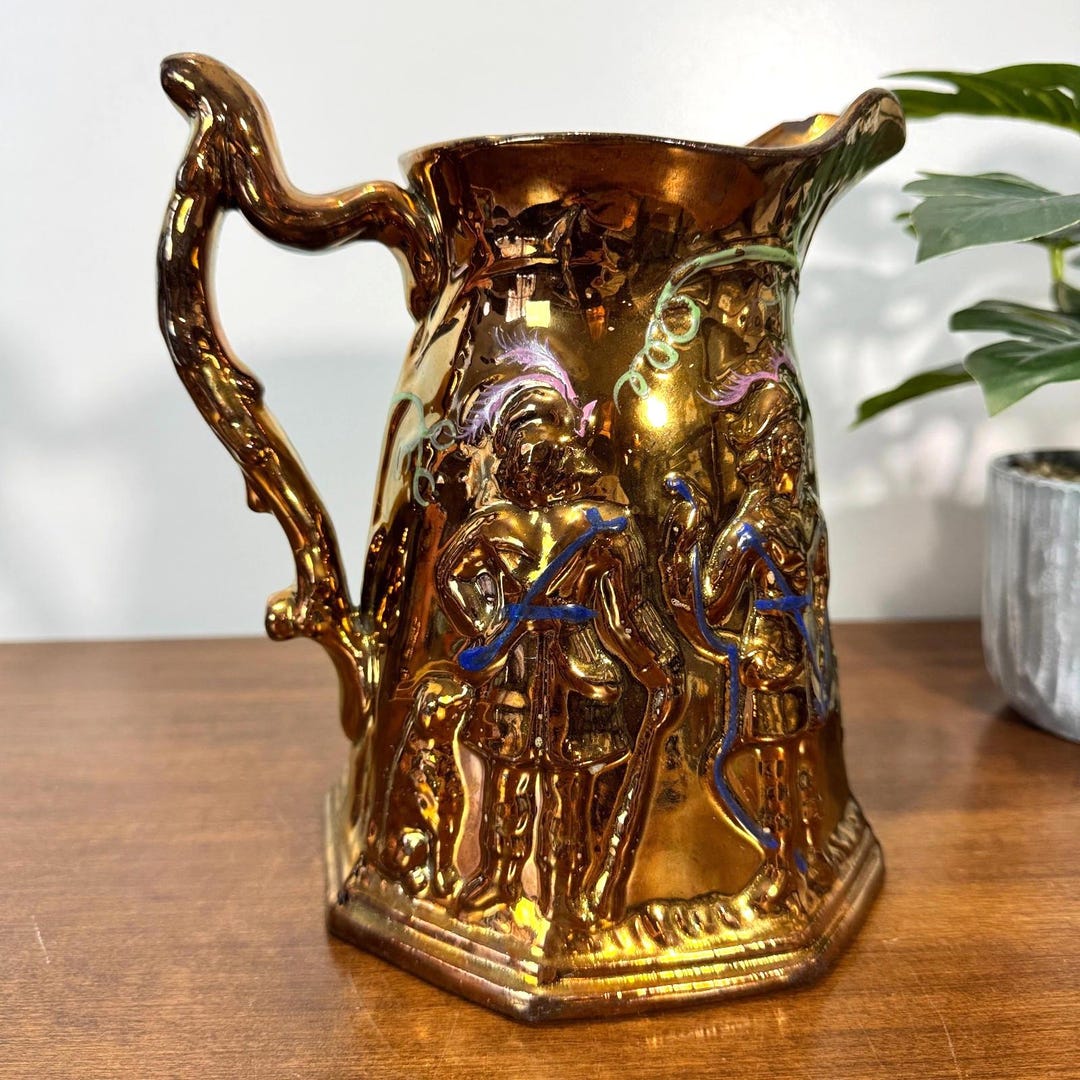 Antique Copper Luster Pitcher Raised Relief England C. 1840's Dancers ...