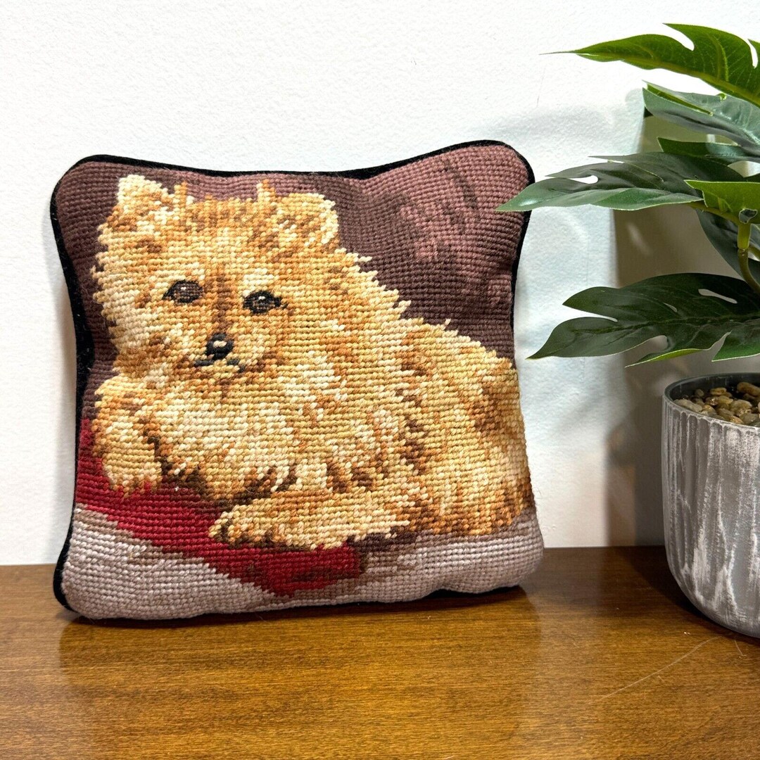 Vintage Dog Needlepoint Embroidery Pillow Velvet Back With Zipper 8 ...