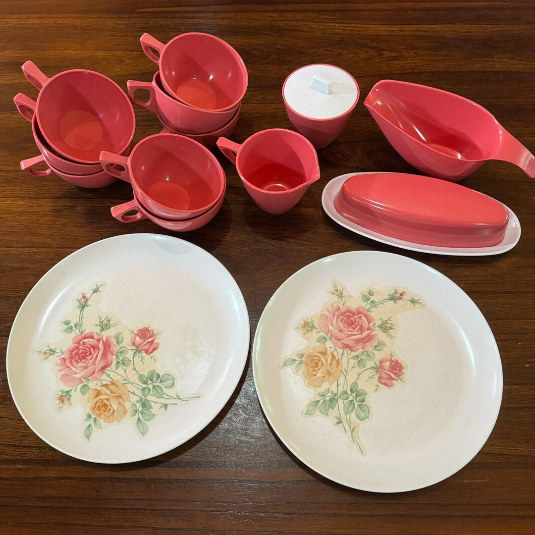 Vintage Pink Stetson Melmac Set Cups Gravy Butter Dish Plates Sugar ...