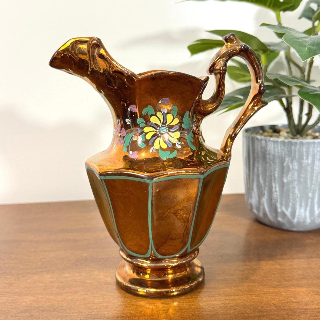 Antique Copper Luster Pitcher 1800s Victorian Lustreware Handpainted ...