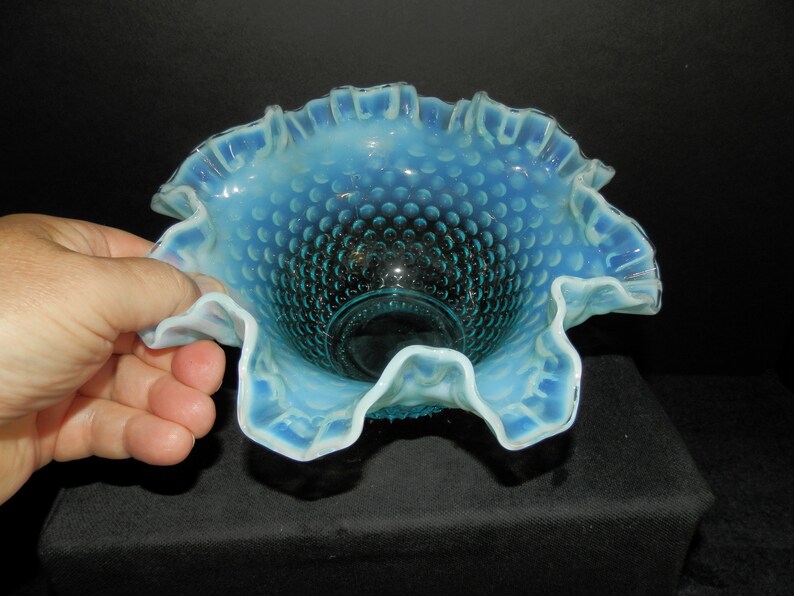 Fenton Blue Opalescent Hobnail Ruffled Bowl - Etsy Fenton Blue Opalescent Hobnail Ruffled Bowl - Etsy