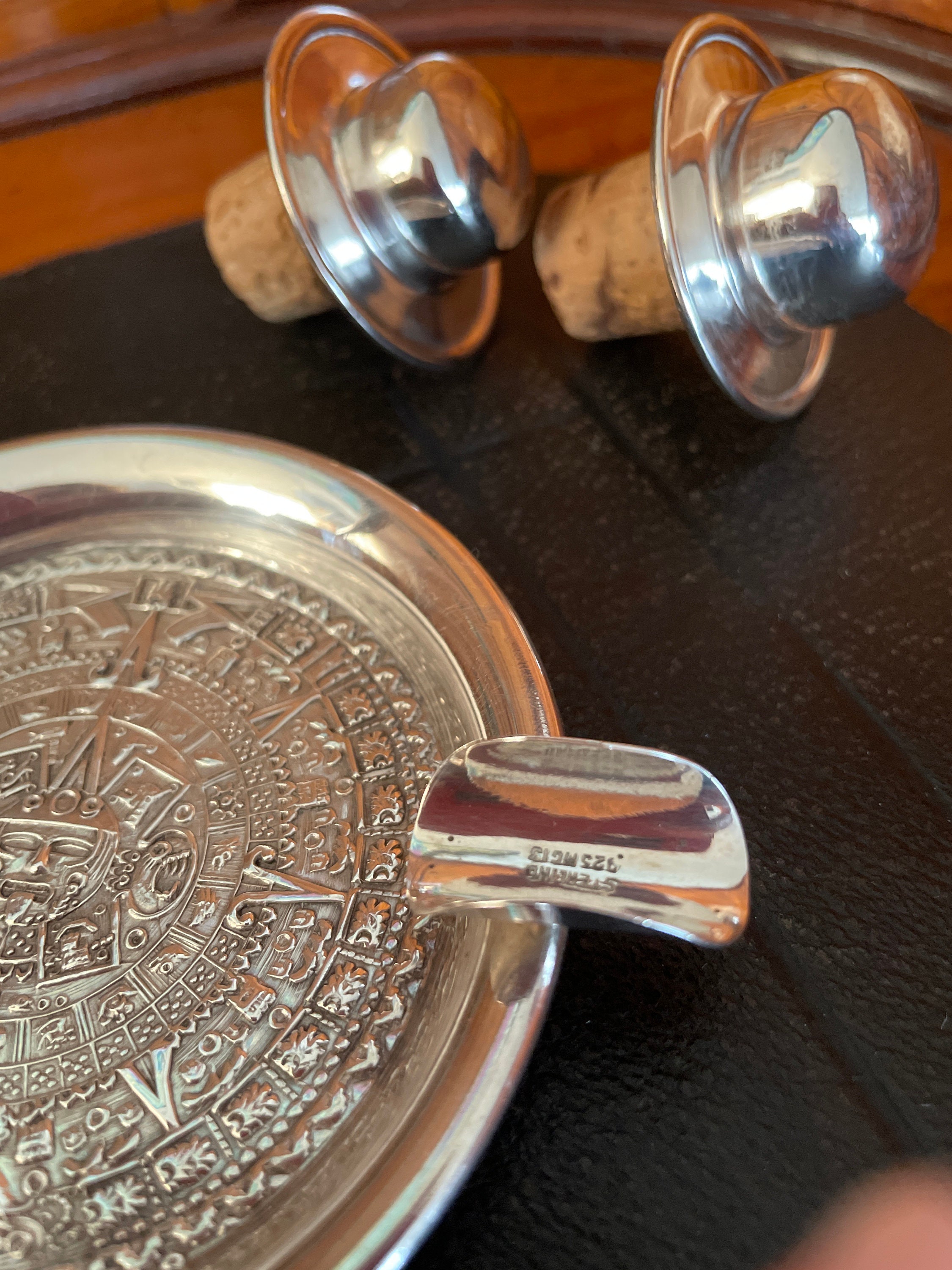 Mexican Sterling Silver Ashtray and Two Cork Stoppers With Silver ...