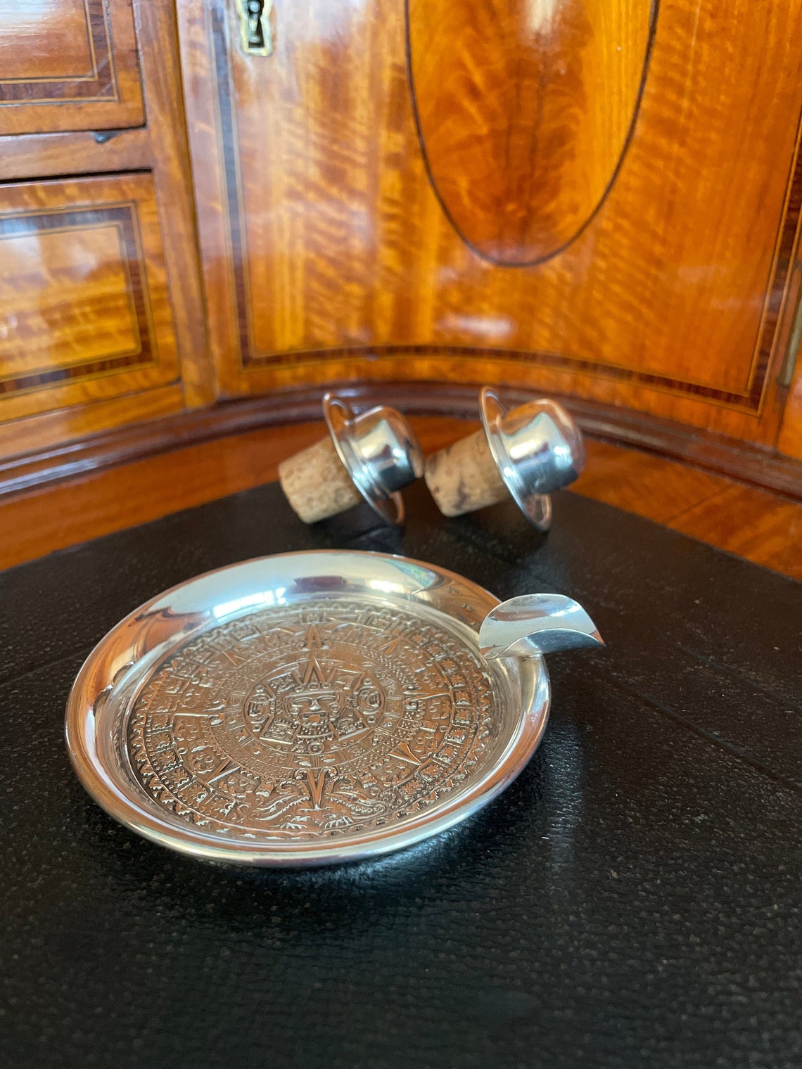Mexican Sterling Silver Ashtray and Two Cork Stoppers With Silver ...