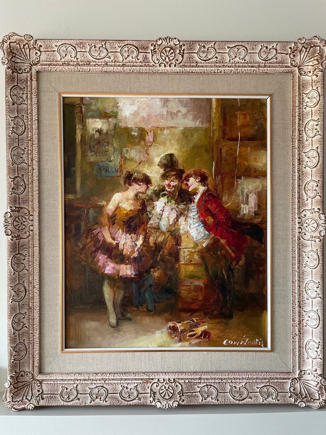 Fabulous Oil on Canvas. Spain. Signed Camó Sentis. Dancer and Clowns ...