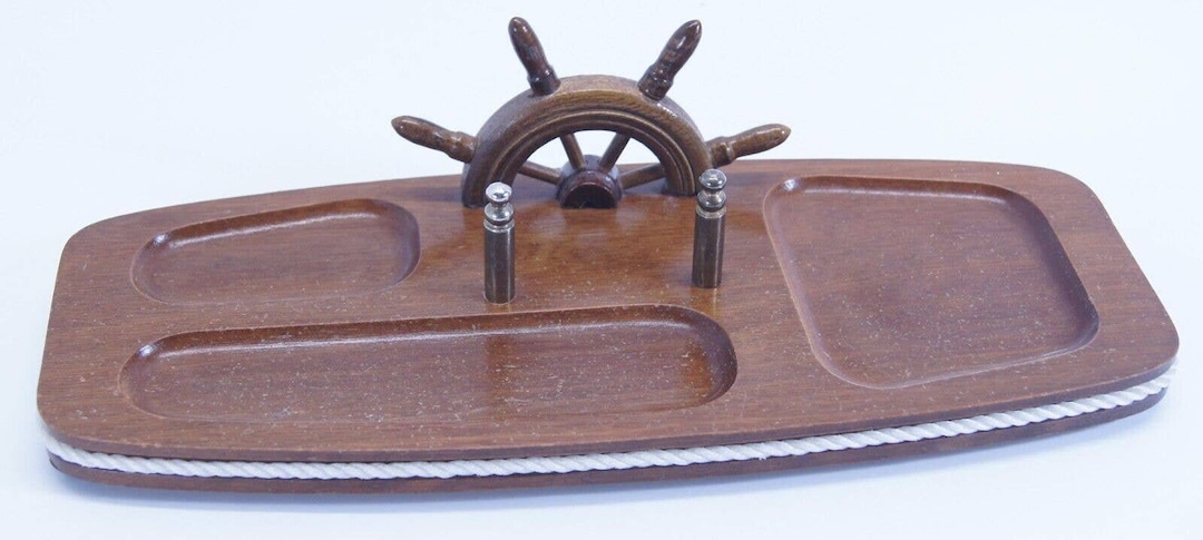 Vintage Wood Ship Wheel Dresser Caddy Valet Nautical Mens Jewelry Tray ...