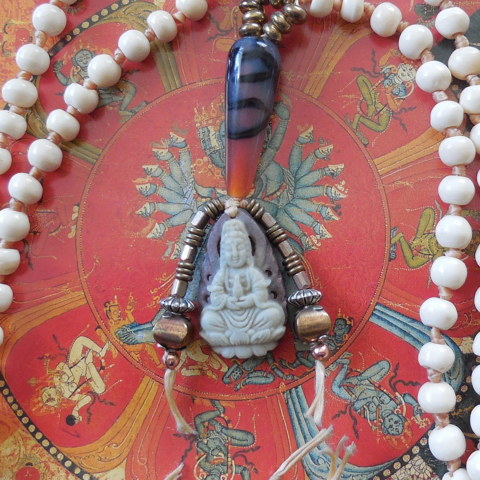 108 Bone Mala PRAYER Beads Zi Pao Jade KWAN Yin Tassel Inspired Agate ...