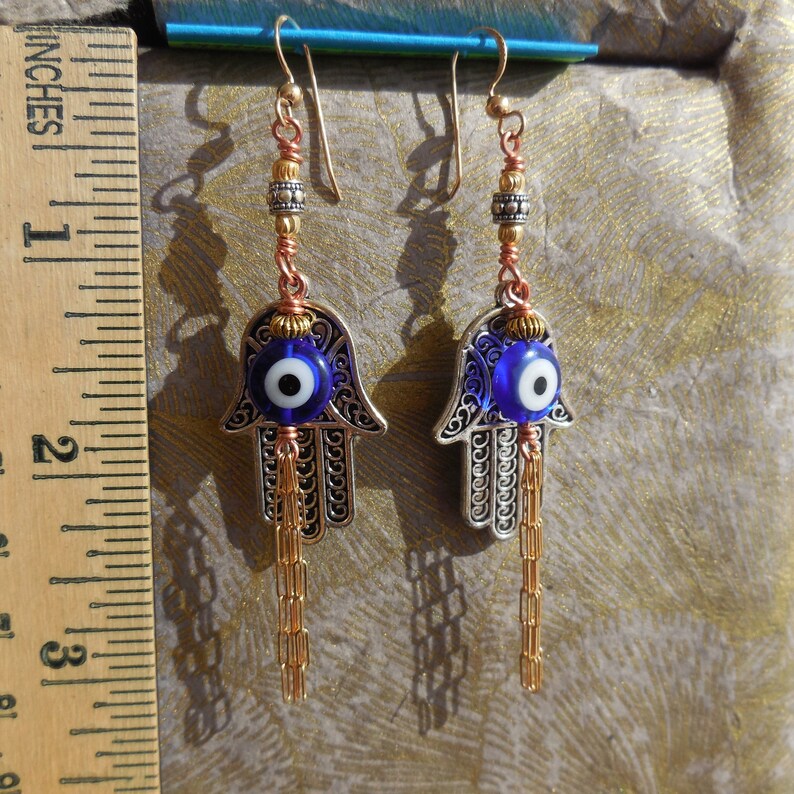 Protective HAMSA Talisman EVIL EYE Pewter 3 Dangle Gold Filled Chain ...