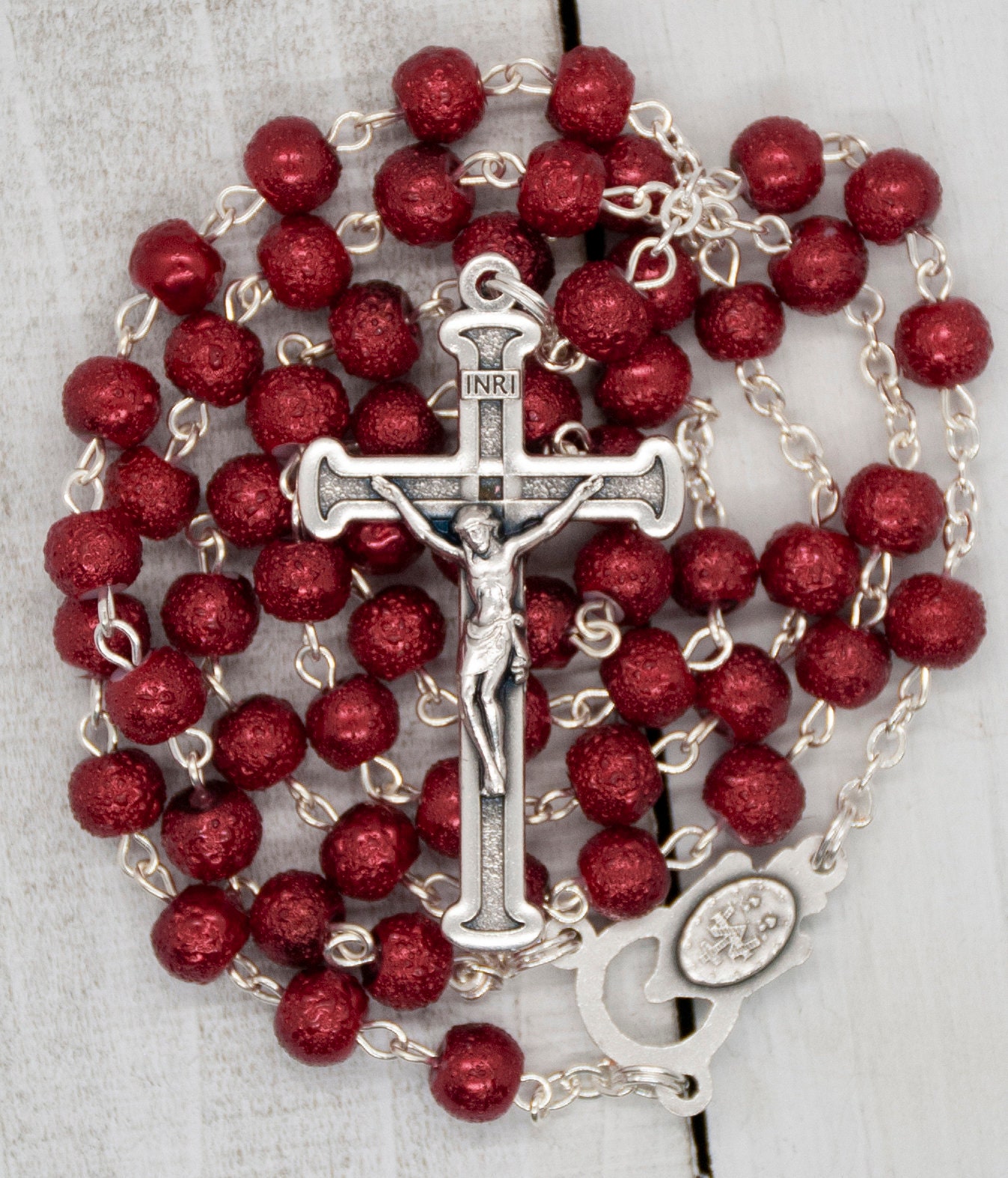 Red Rosary With Textured Beads and Miraculous Medal Center | Etsy