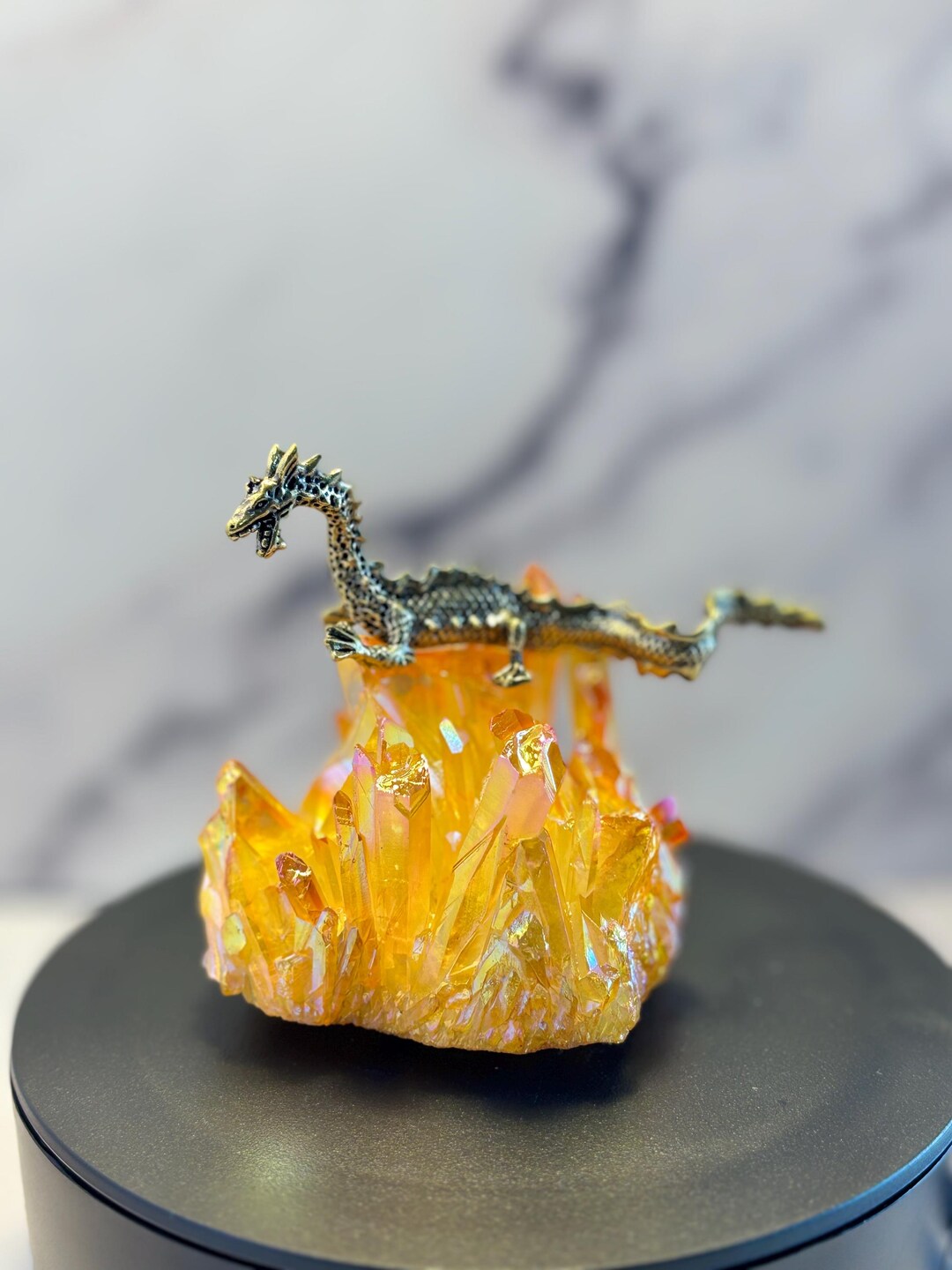 Long Brass Dragon on Aura Orange Quartz Cluster - Etsy