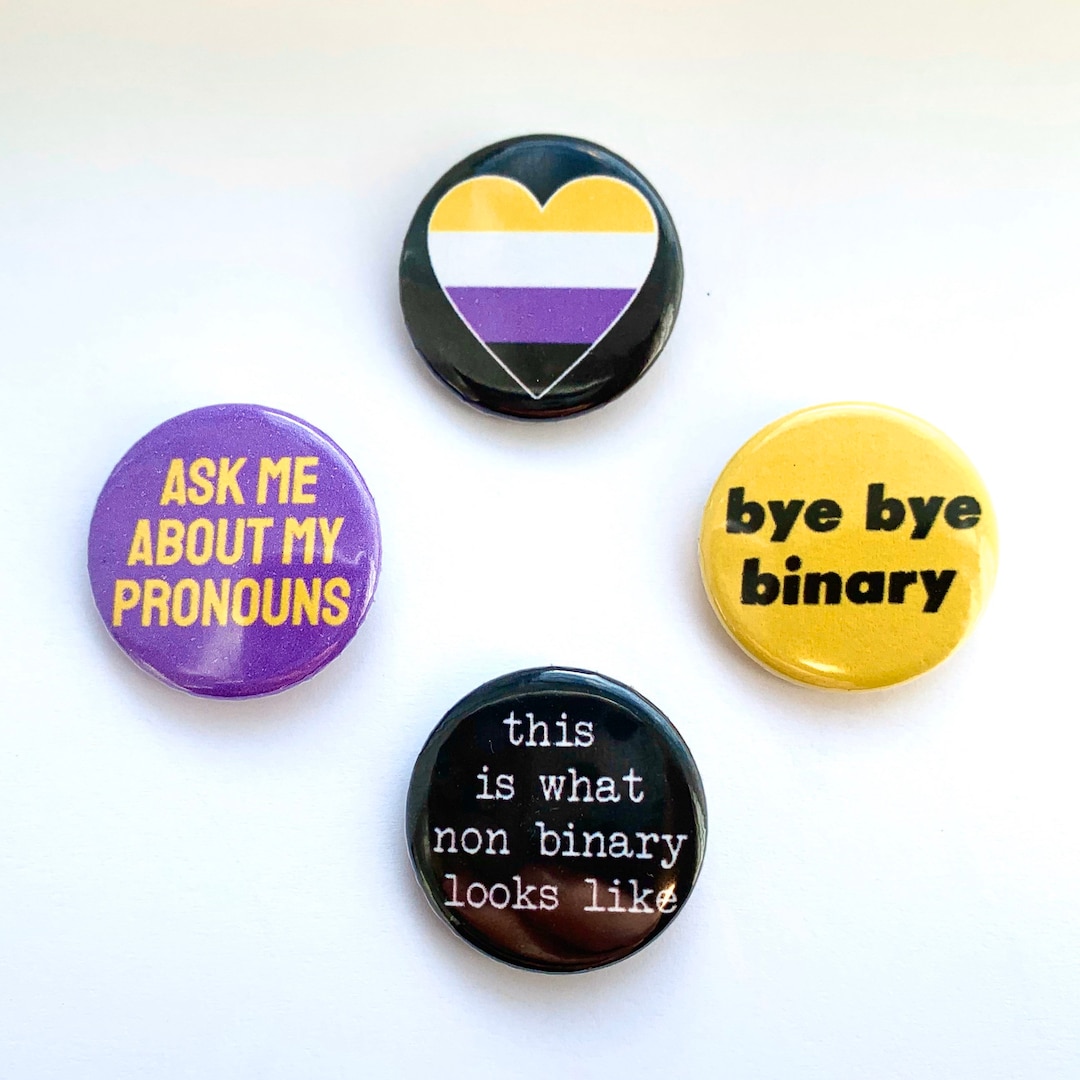 4 Non Binary Button Badges Enby Flag Pins Pronouns Heart Pride LGBTQ ...