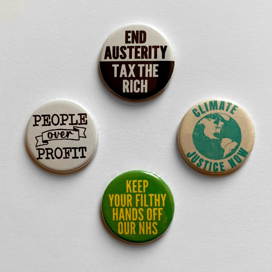 4 Socialist Badges, Climate Justice Pin, NHS Button, Tax the Rich ...