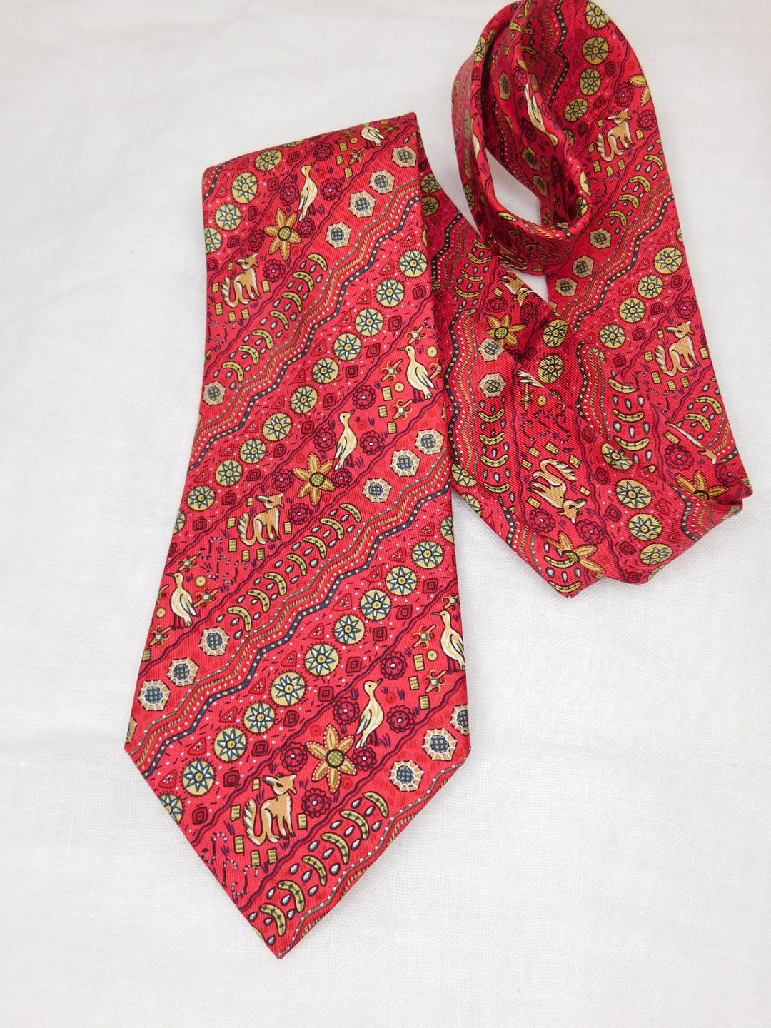 Vintage Hermes Red Silk Tie Birds and Fox - Etsy