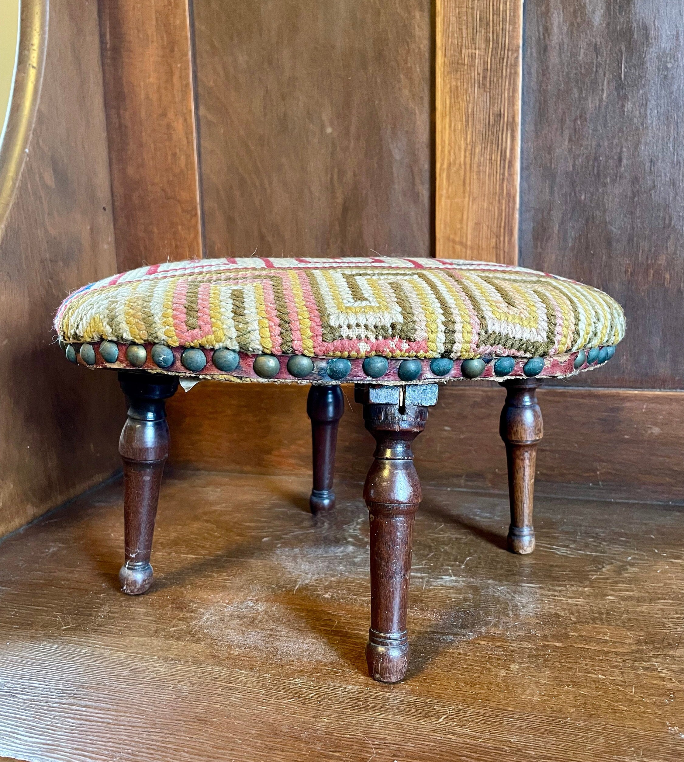 Antique FOOTSTOOL, Needlepoint, Oval, Wormhole Wood, Turned Legs ...