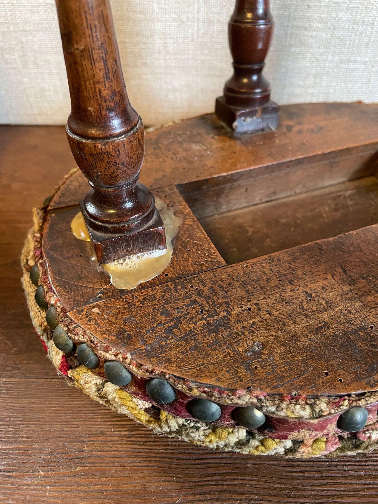 Antique FOOTSTOOL, Needlepoint, Oval, Wormhole Wood, Turned Legs ...
