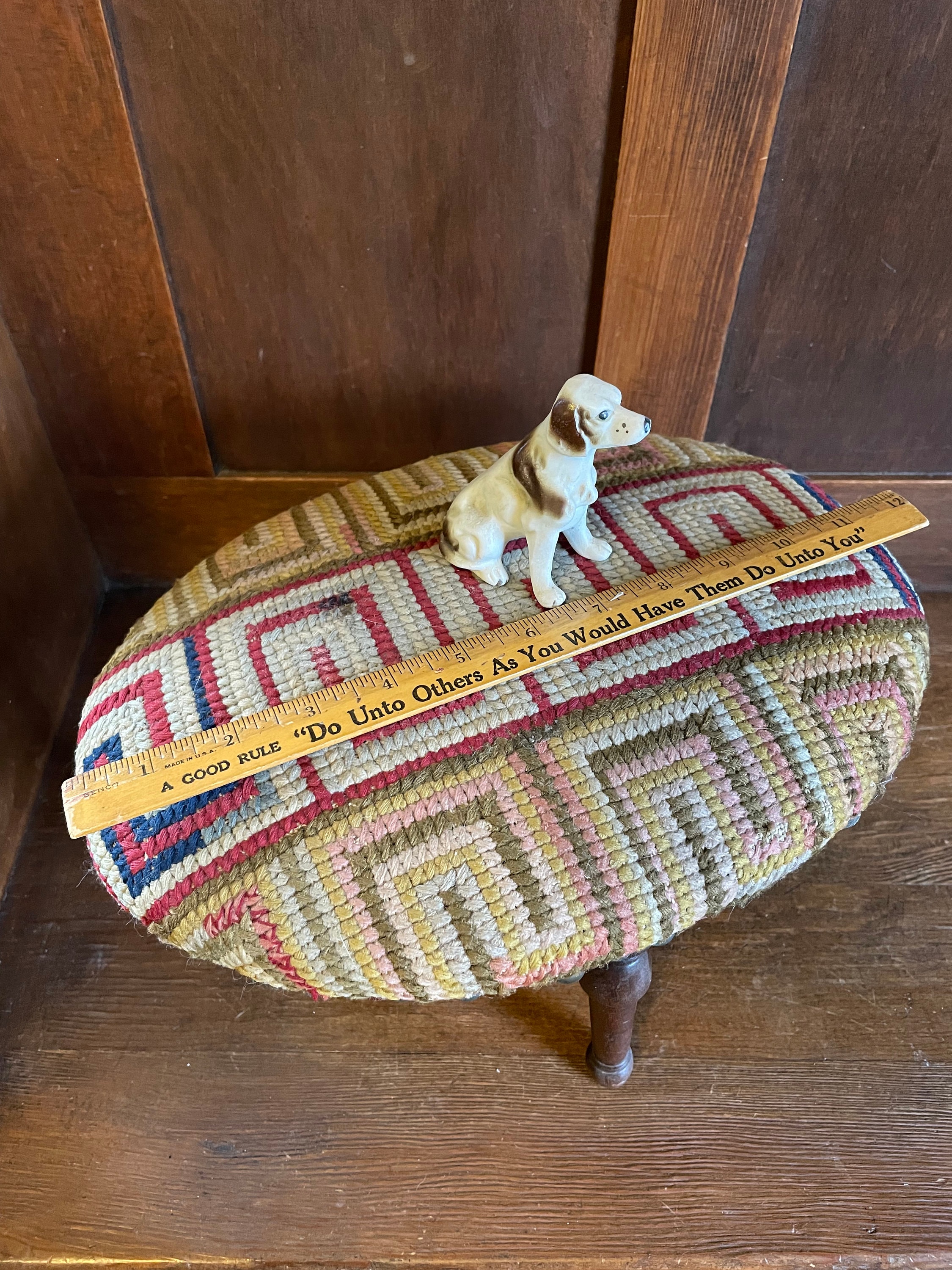 Antique FOOTSTOOL, Needlepoint, Oval, Wormhole Wood, Turned Legs ...