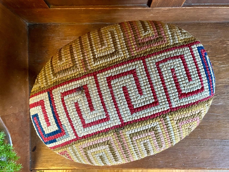 Antique FOOTSTOOL, Needlepoint, Oval, Wormhole Wood, Turned Legs ...