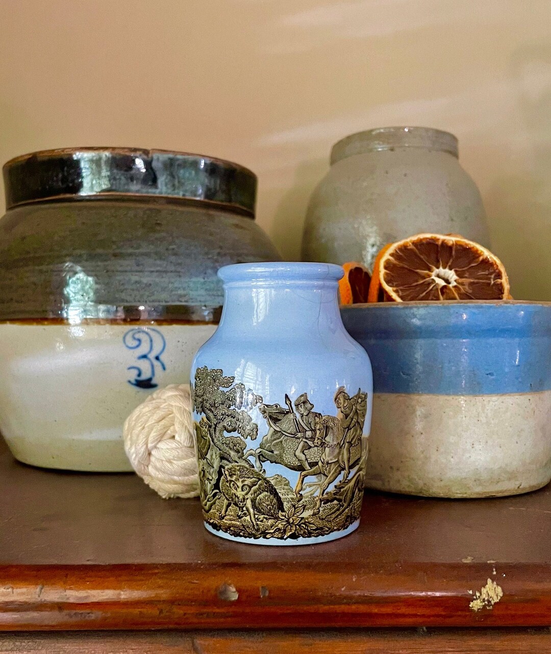 Prattware, Potted Meat Jar, Blue, Pot, English Hunting Scene ...