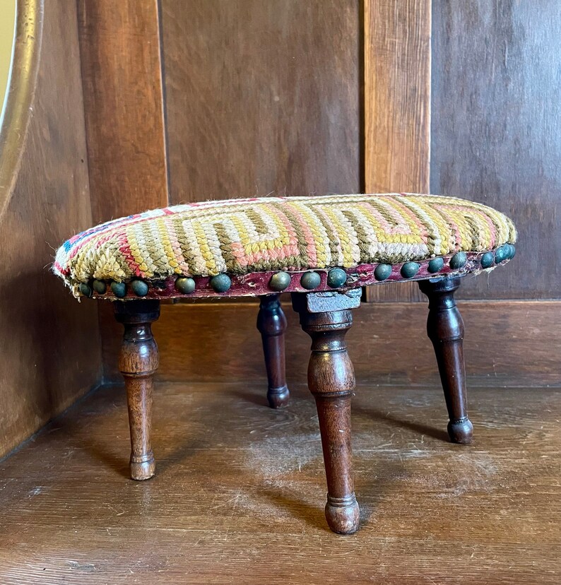 Antique FOOTSTOOL, Needlepoint, Oval, Wormhole Wood, Turned Legs ...