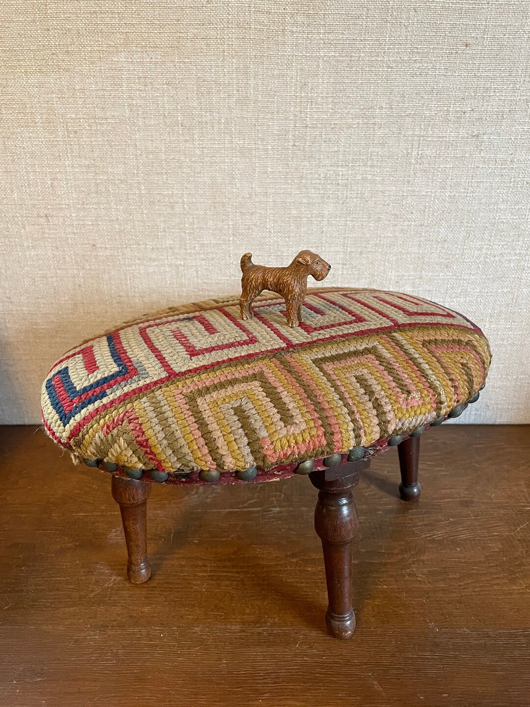 Antique FOOTSTOOL, Needlepoint, Oval, Wormhole Wood, Turned Legs ...