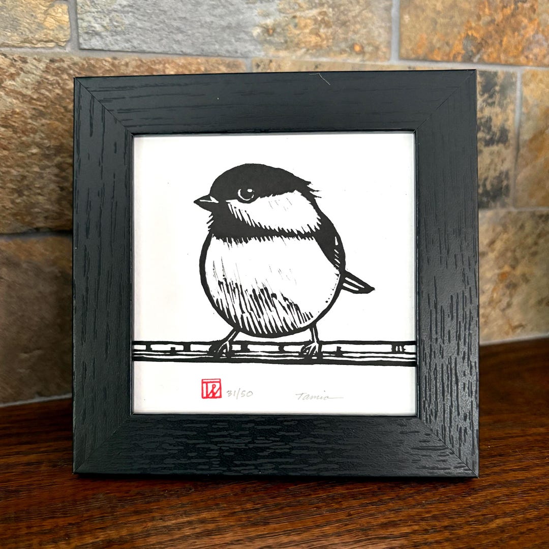 Round Chickadee Art in Square Frame. Original Signed and Numbered ...