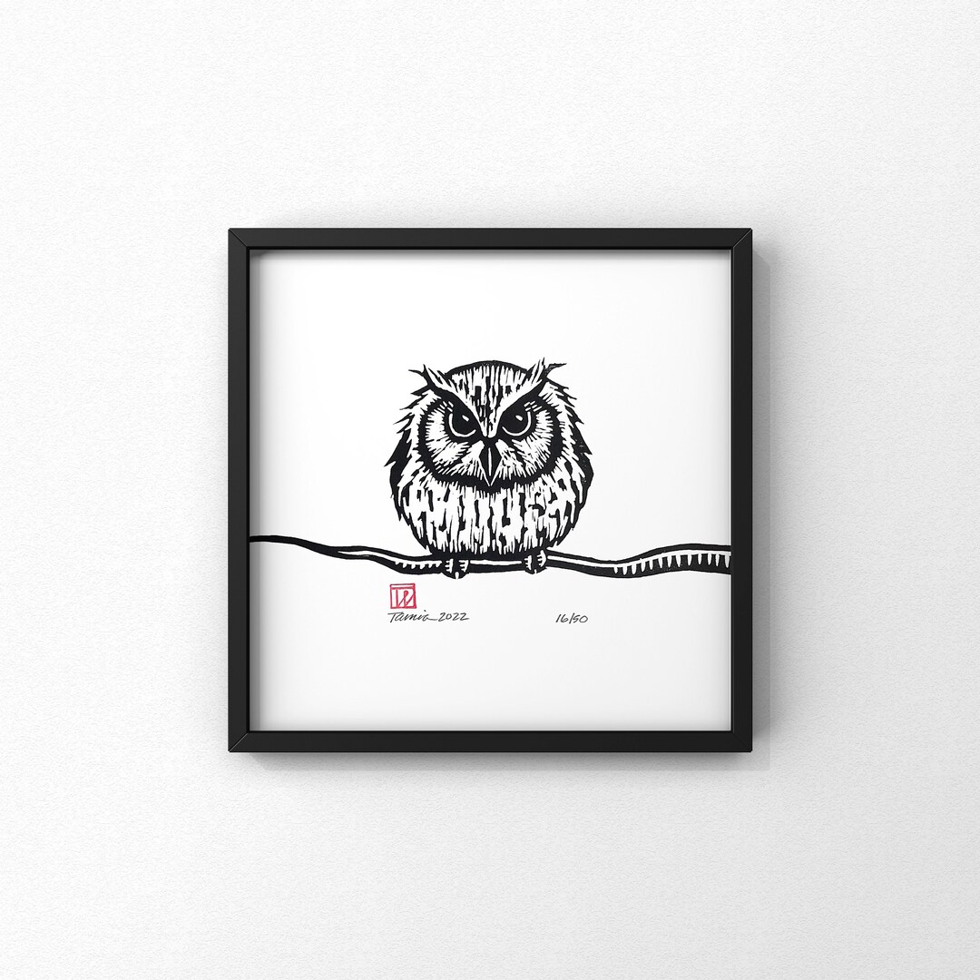 Owl Art Round Owl Baby Owl Art Owl Linocut Black and White - Etsy