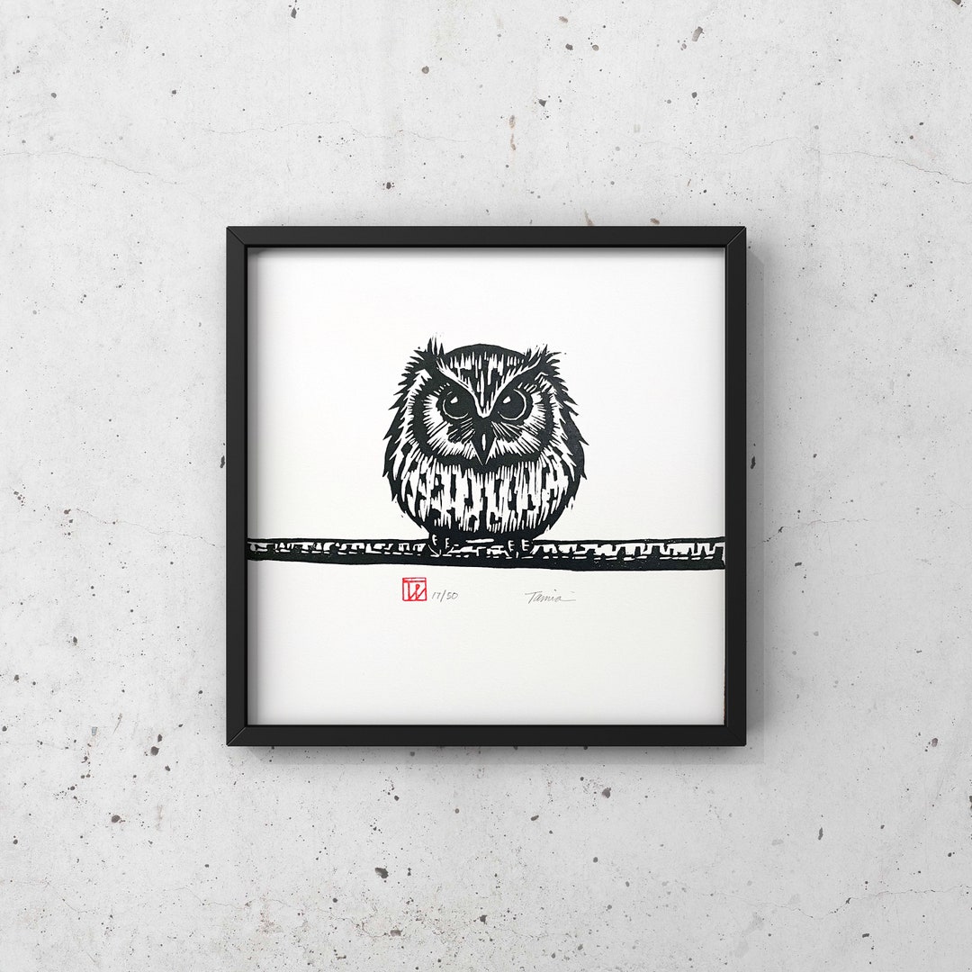 Owl Art, Round Owl, Baby Owl Art, Owl Linocut, Black and White Owl Art ...