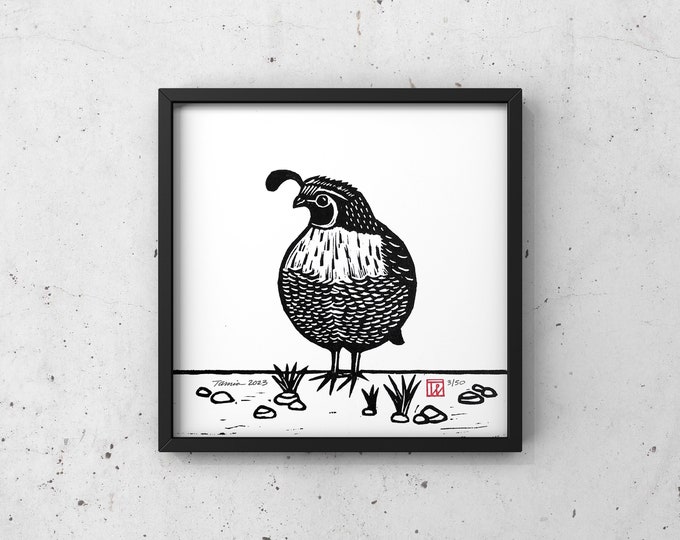 Quail Art, Round Quail, Quail Linocut, Black and White Quail Art ...