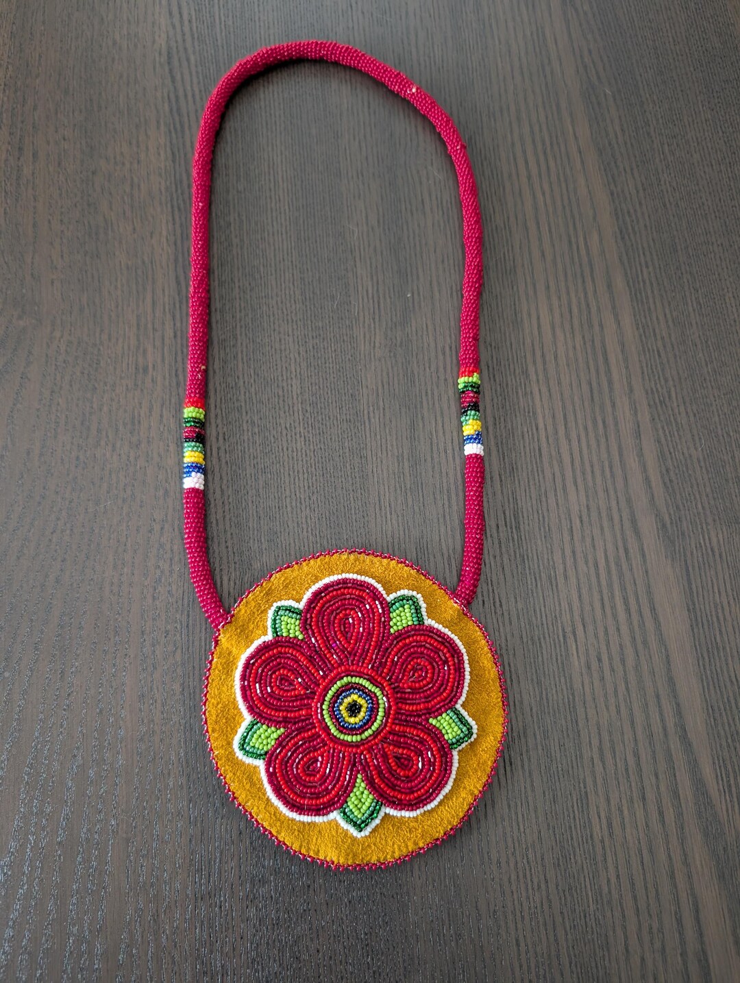 Handcrafted Red Métis Michif Floral Medallion Necklace Moose Hide ...