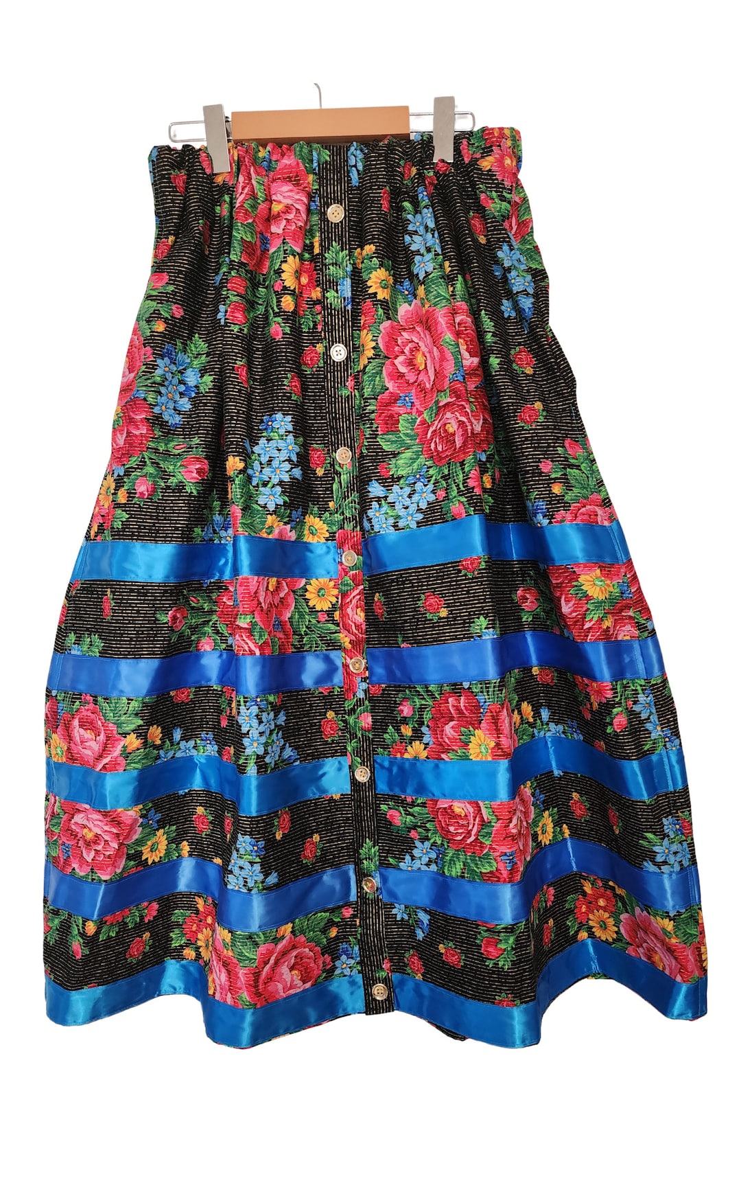 Ribbon Skirt Metis Indigenous Kokums Scarf Gold Floral Blue Pockets ...