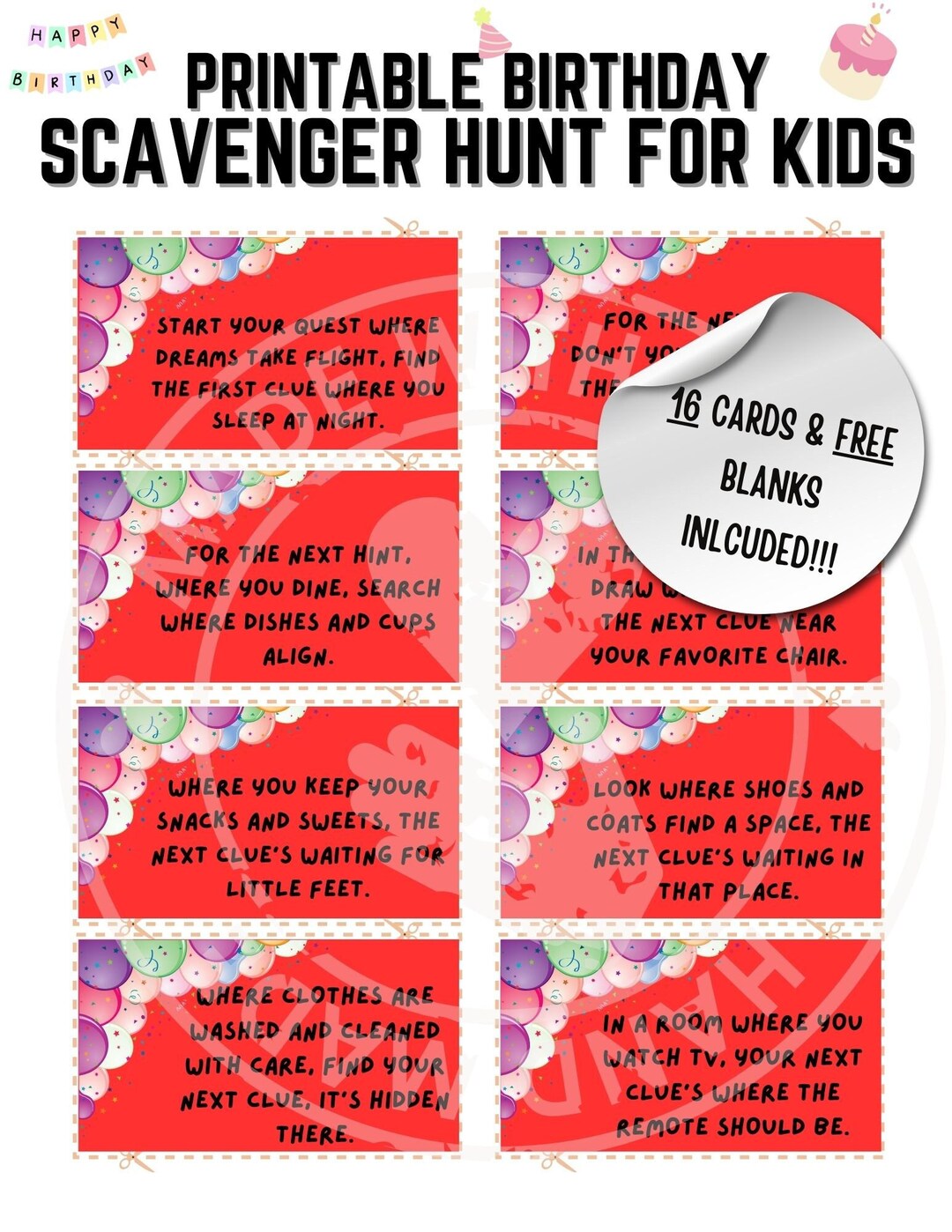 16 Printable Birthday Scavenger Hunt Cards for Kids Add Excitement and ...