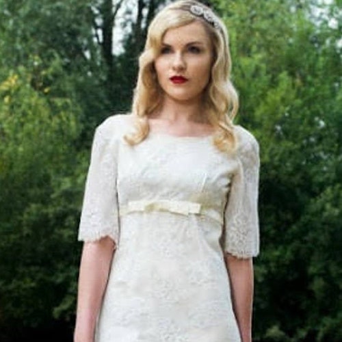 A Line 60s Vintage Wedding Dress With Bell Sleeves Empire - Etsy
