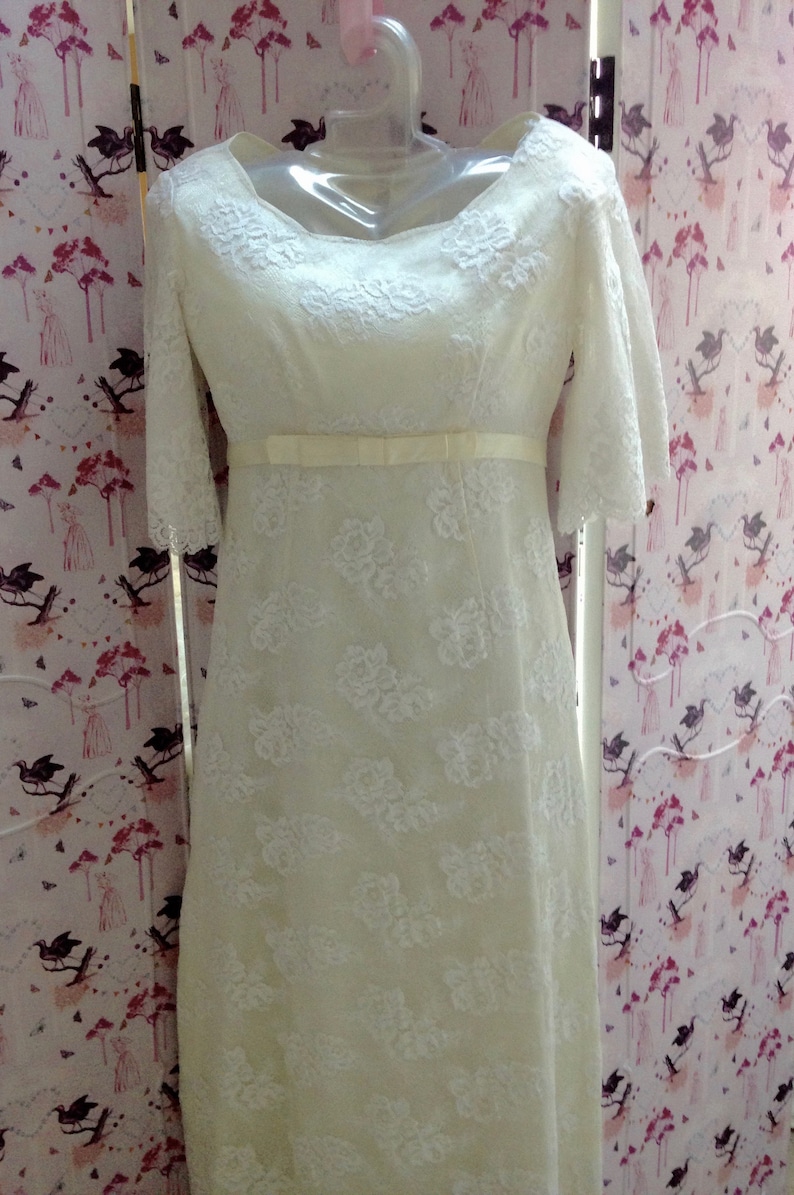 A Line 60s Vintage Wedding Dress With Bell Sleeves Empire Line/ High ...
