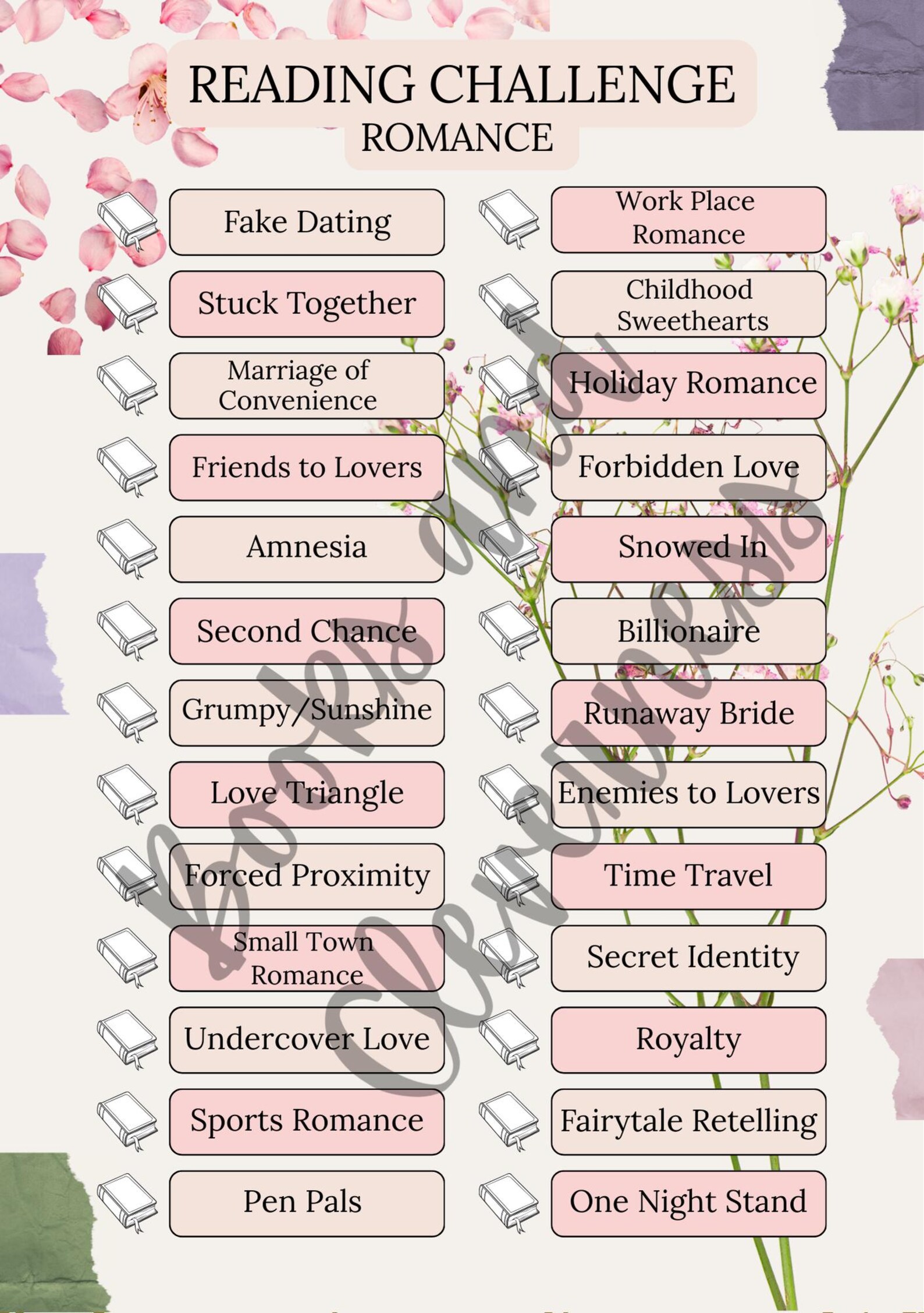 Romance Reading Challenge (printable PDF) - Etsy