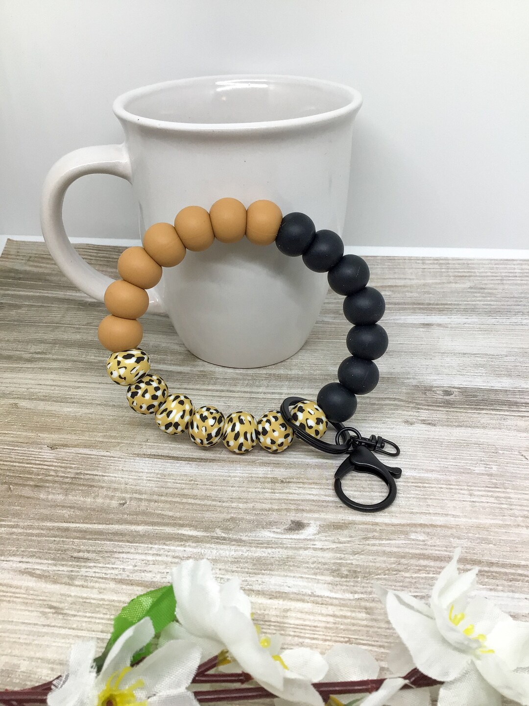 Silicone Beaded Keychain // Trio Colour Caramel Black Print - Etsy