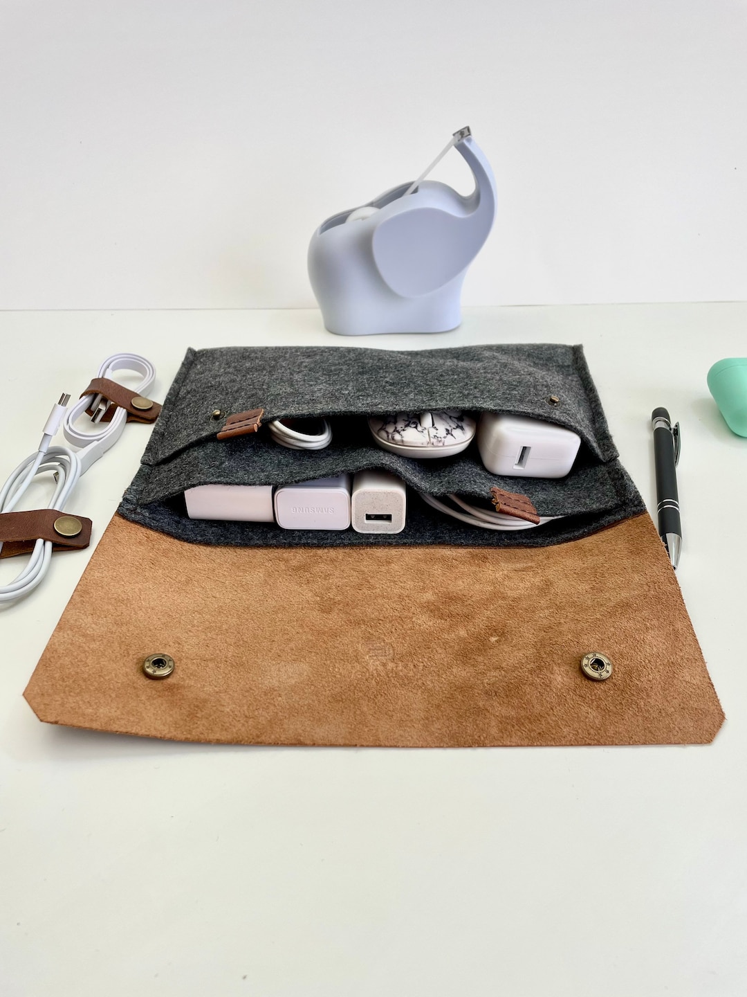 Handmade Leather & Felt Cable Organizer: Travel Charger Case - Etsy