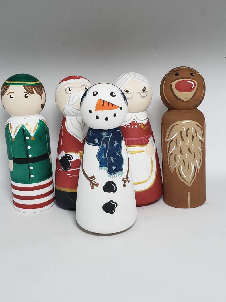 Christmas Peg Dolls/ Santa, Mrs. Ckaus, Elf, Rudolph, Frosty/wooden ...