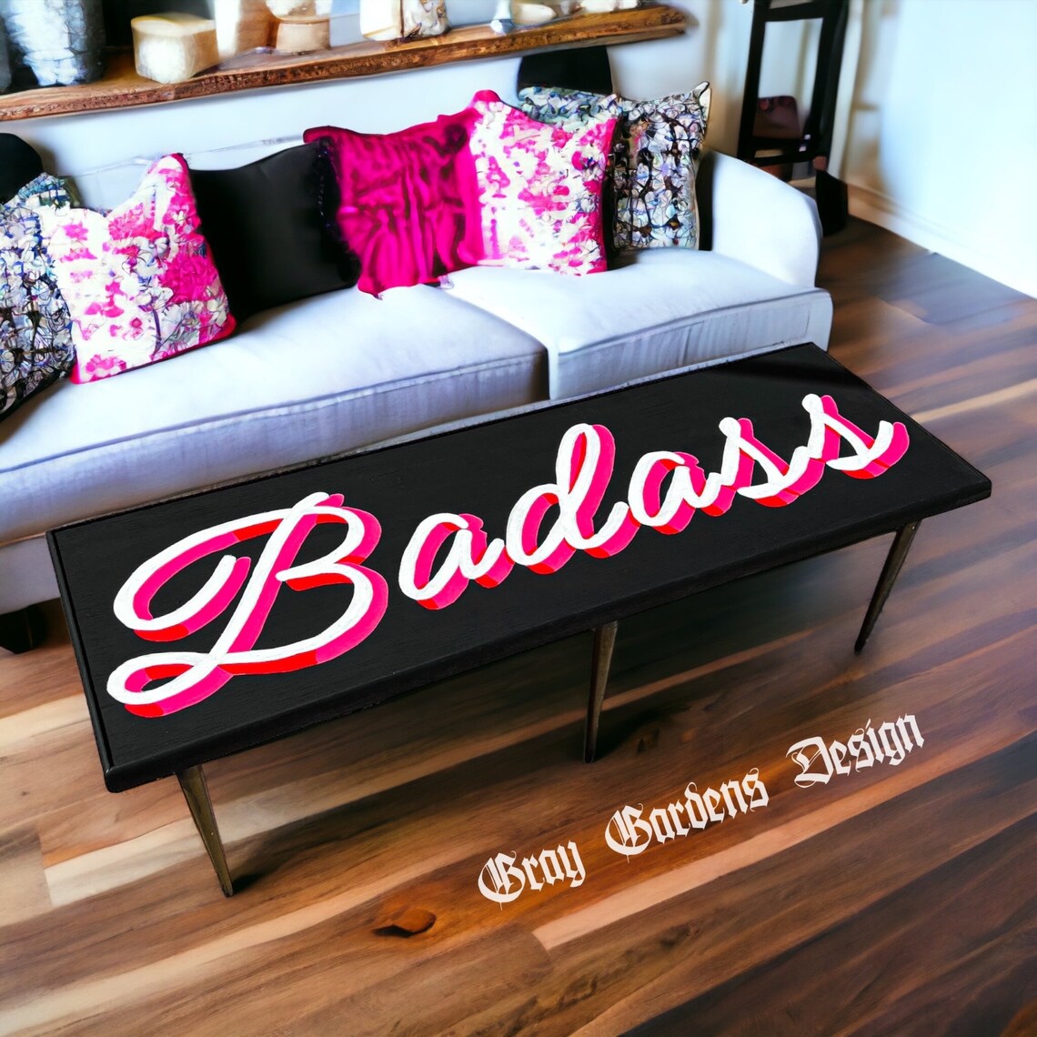 Typography badass Mid Century Coffee Table / Hot Neon Pink Painted ...