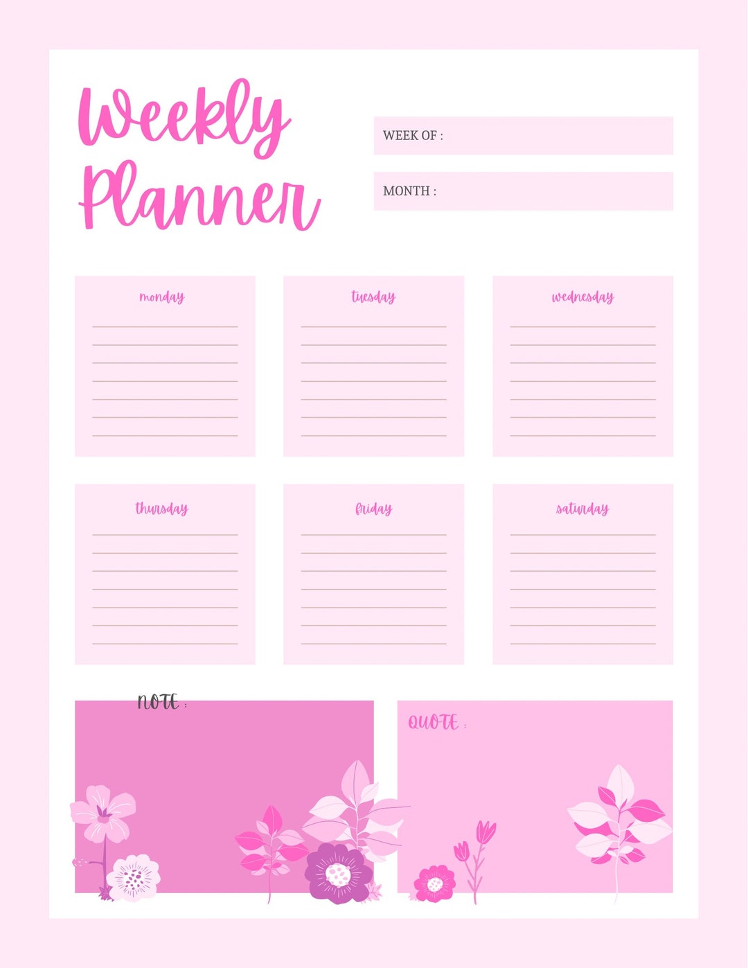 Pastel Pink Floral Weekly Planner Digital Download - Etsy