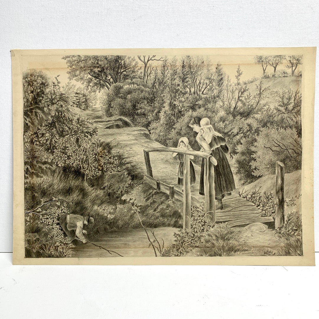 Original Antique Folk Art Drawing, Figure on a Bridge, Signed With ...