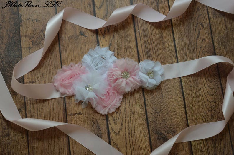 SashWhite and Light Pink Sash flower Belt maternity sash | Etsy