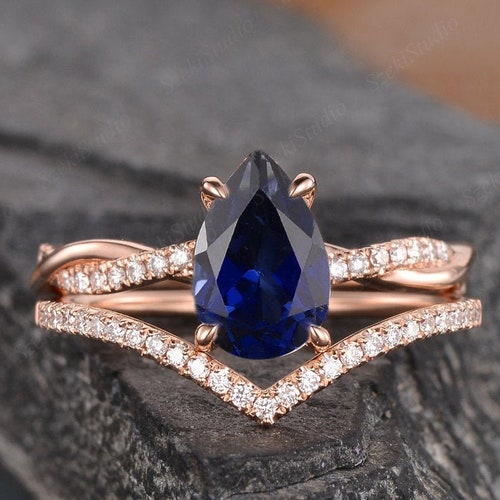 Pear Shaped Sapphire Engagement Ring Set Infinity Lab Sapphire - Etsy