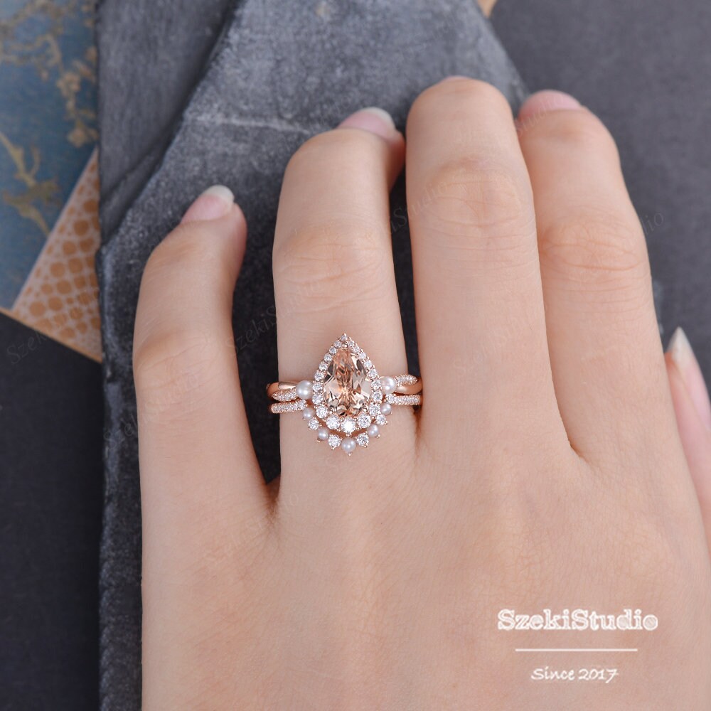 6x9mm Morganite Ring Set Morganite Engagement Ring Set Rose Gold Bridal ...