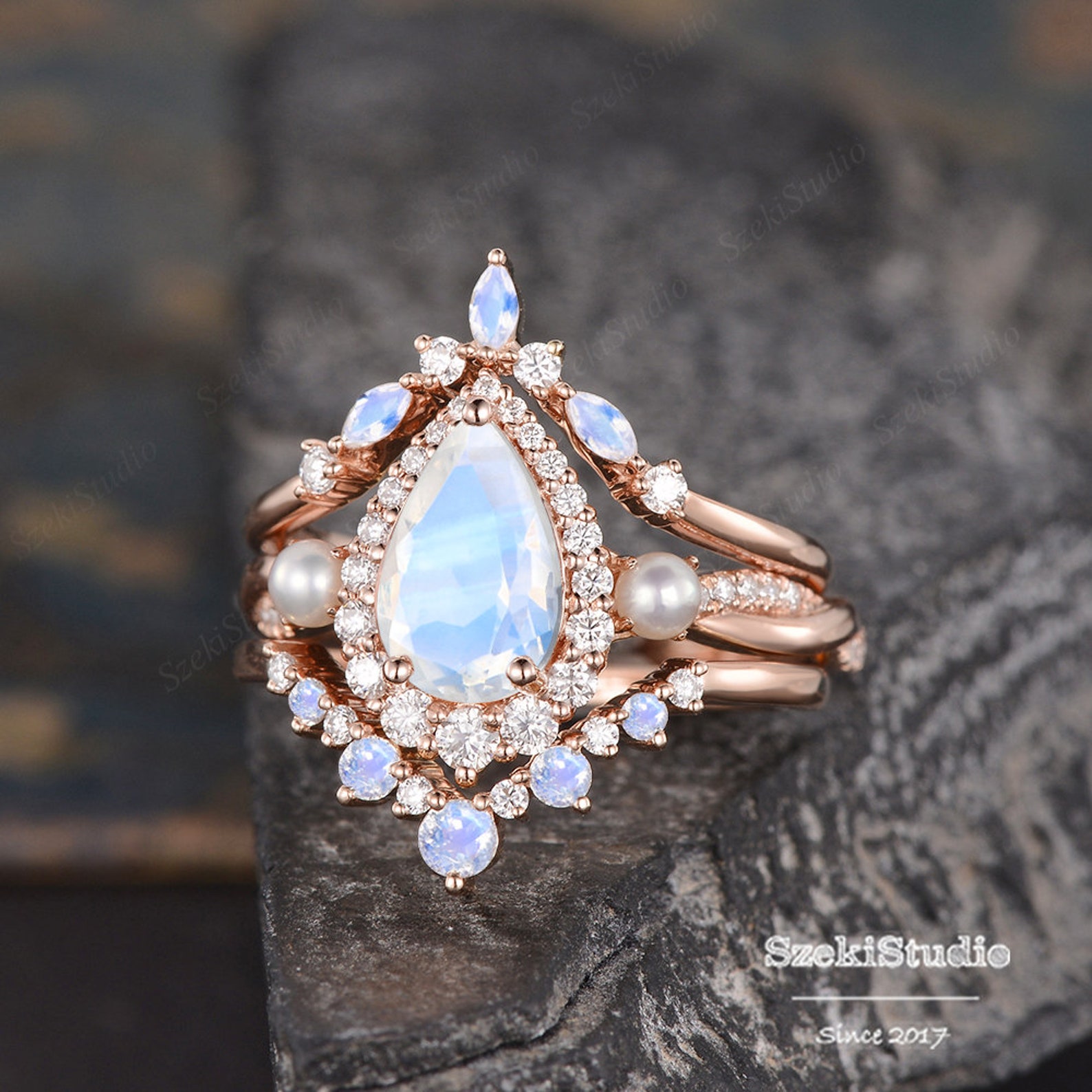 Art Deco Pear Shaped Moonstone Bridal Set 3pcs Vintage Cluster - Etsy