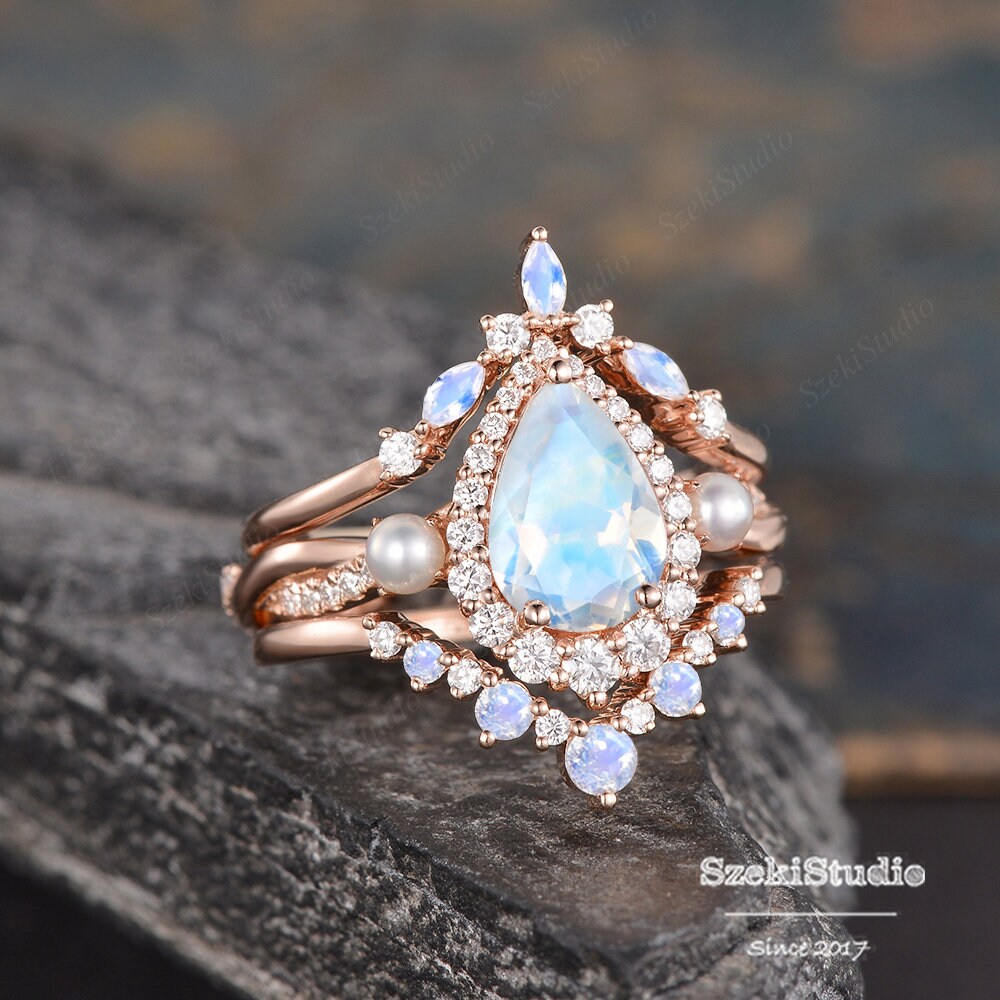 Art Deco Pear Shaped Moonstone Bridal Set 3pcs Vintage Cluster - Etsy