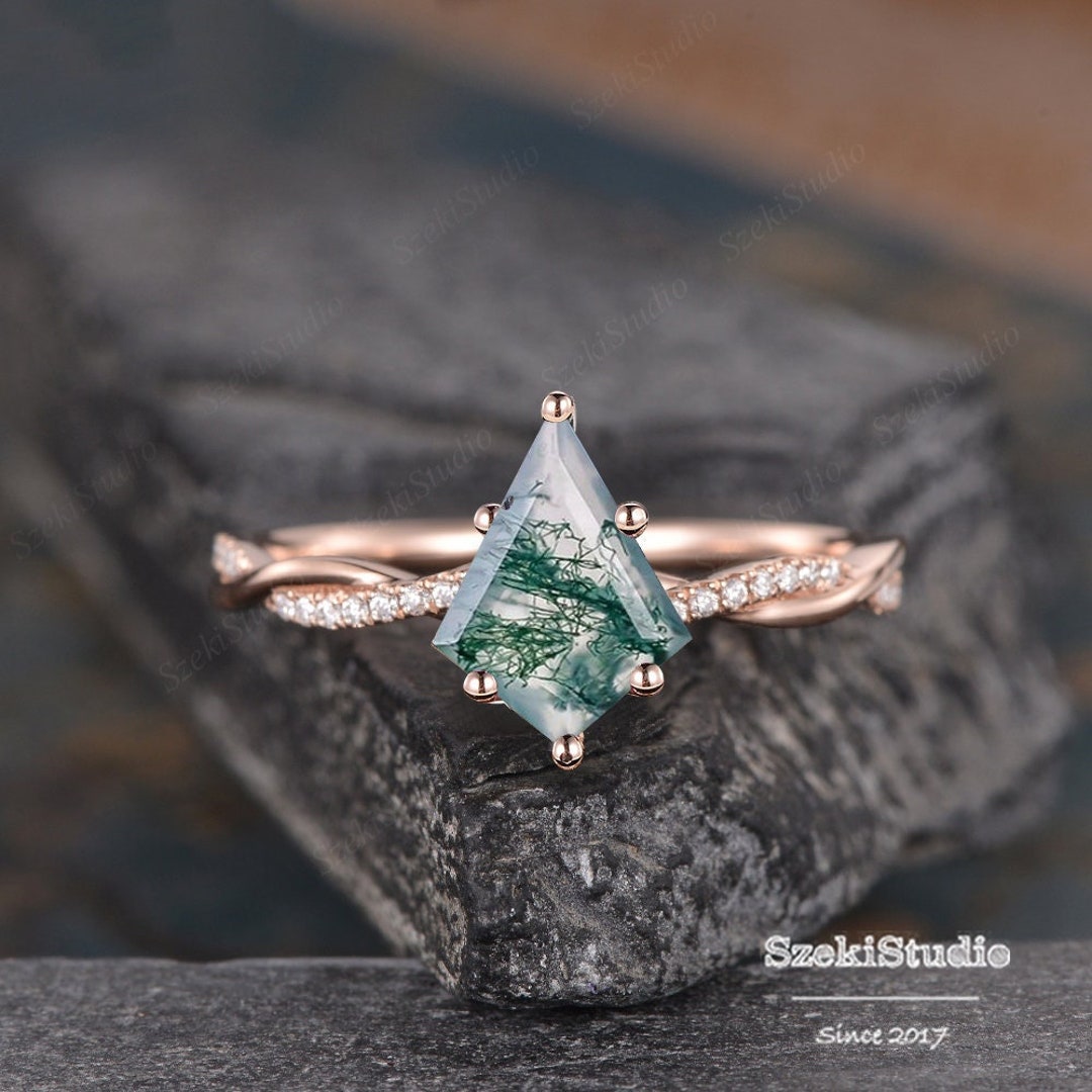 Kite Cut Moss Agate Engagement Ring Rose Gold Infinity Green Agate Ring ...