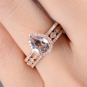 Pear Shaped Morganite Engagement Ring Bridal Set Rose Gold Stacking ...