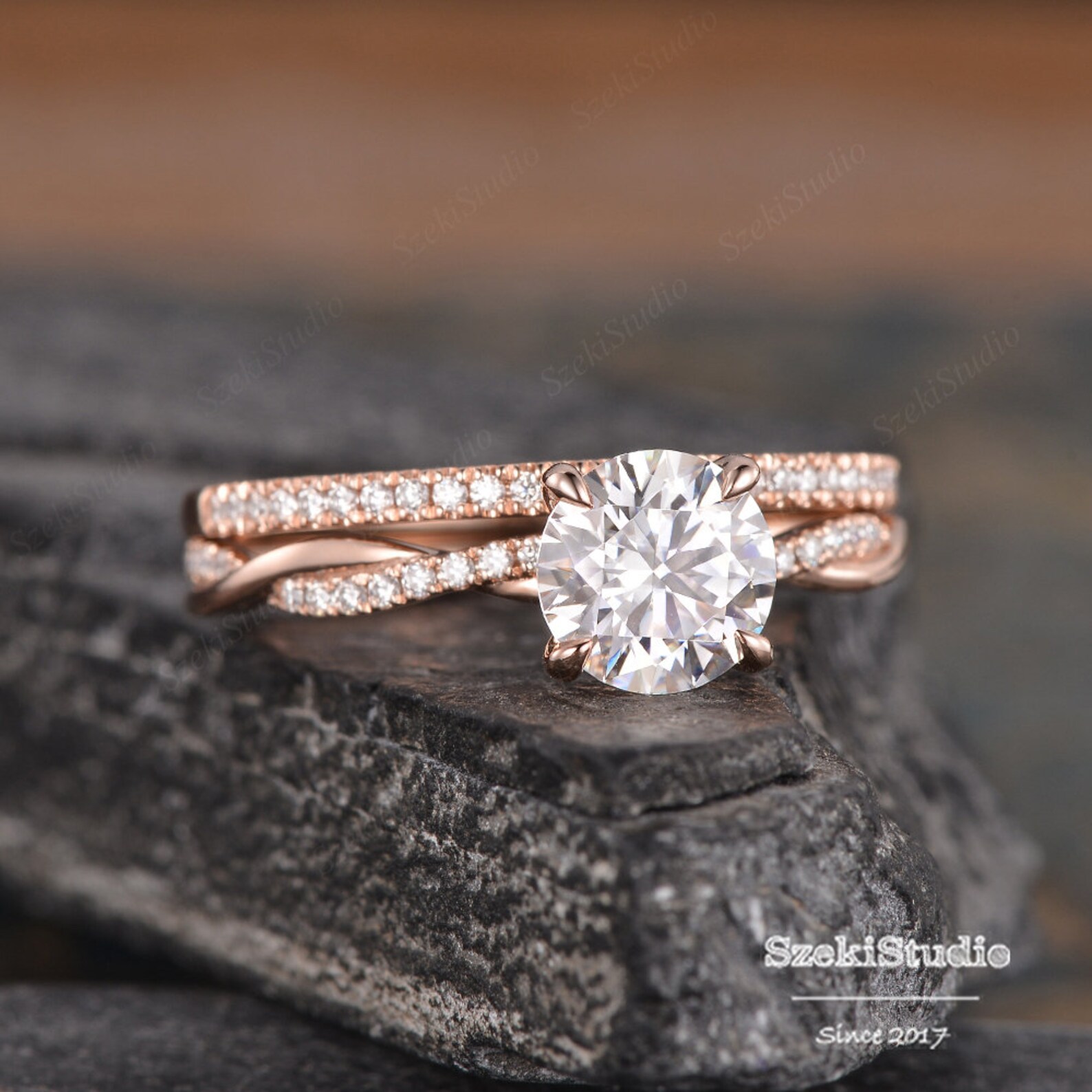 Infinity Moissanite Engagement Ring Set Rose Gold Bridal Set - Etsy