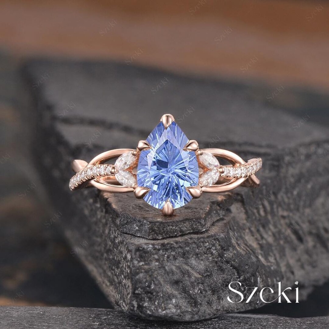 Firework Cut Blue Sapphire Engagement Ring Rose Gold Pear Shaped ...